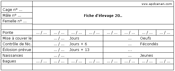 Fiche d'elevage - Au Paradis des Canaris - A vos Plumes ! Donnez-vous ... Fiche d'elevage - Au Paradis des Canaris - A vos Plumes ! Donnez-vous ...